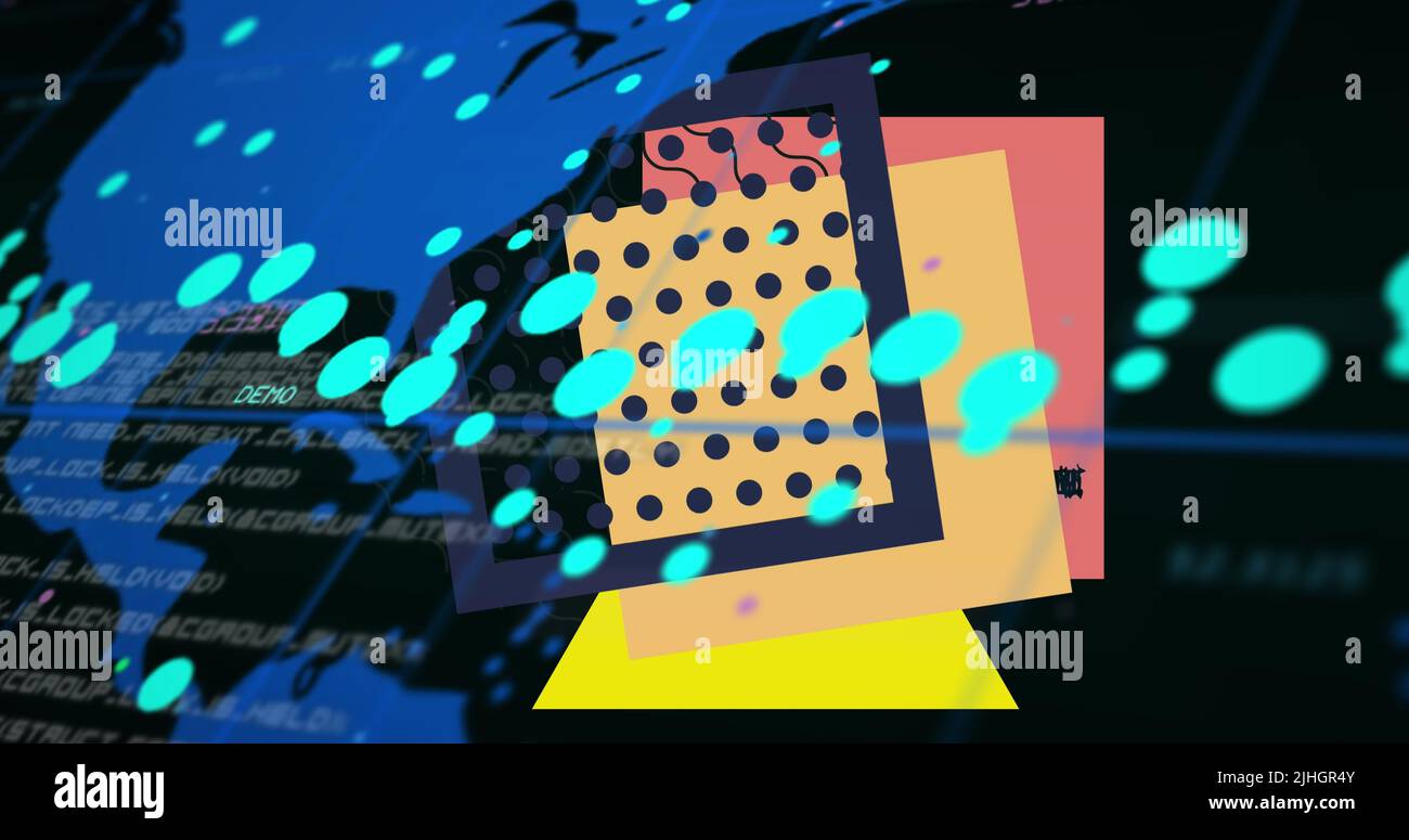 Image of data processing over world map and colorful shapes on black background Stock Photo - Alamy