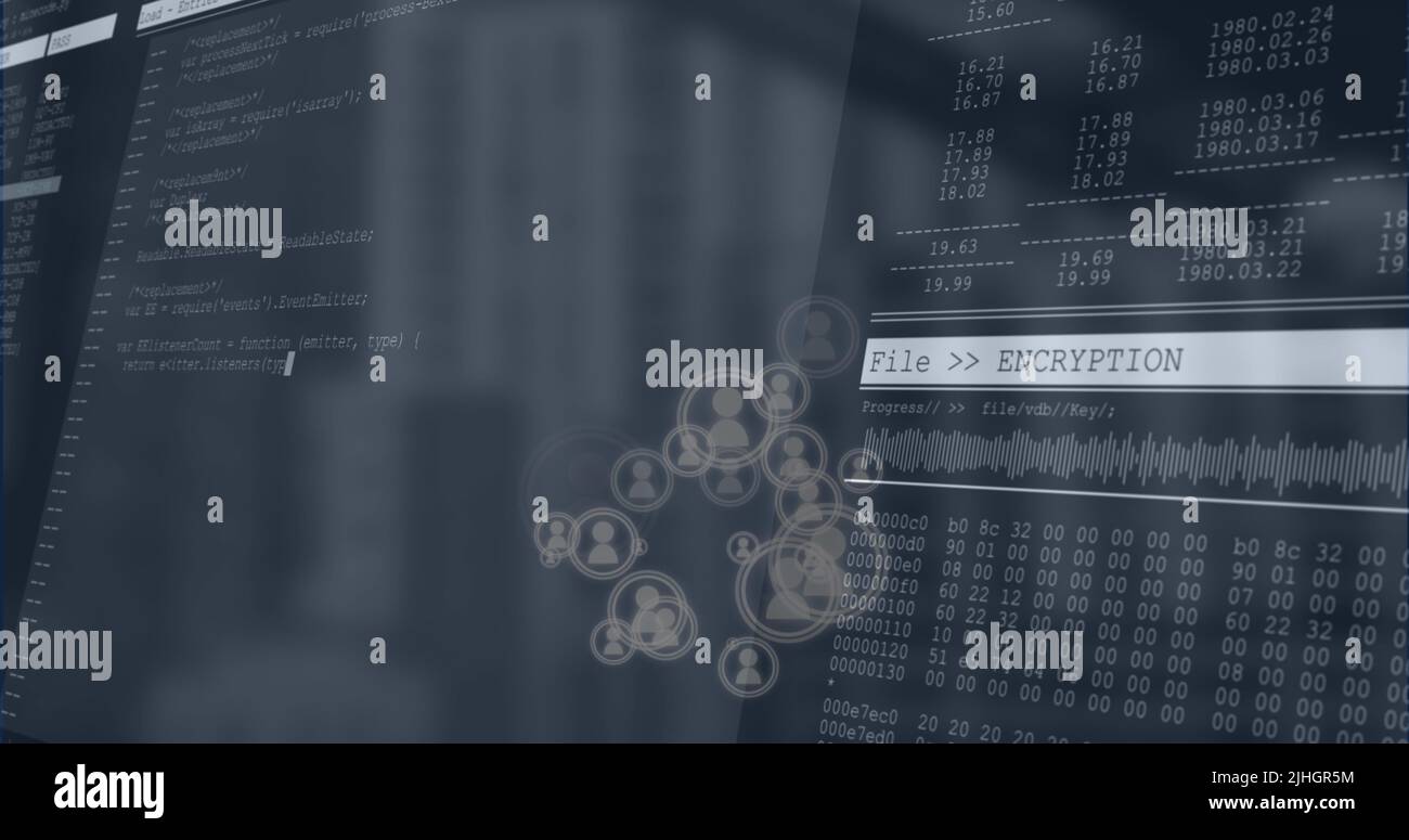 Image of icons over data processing on black background Stock Photo - Alamy