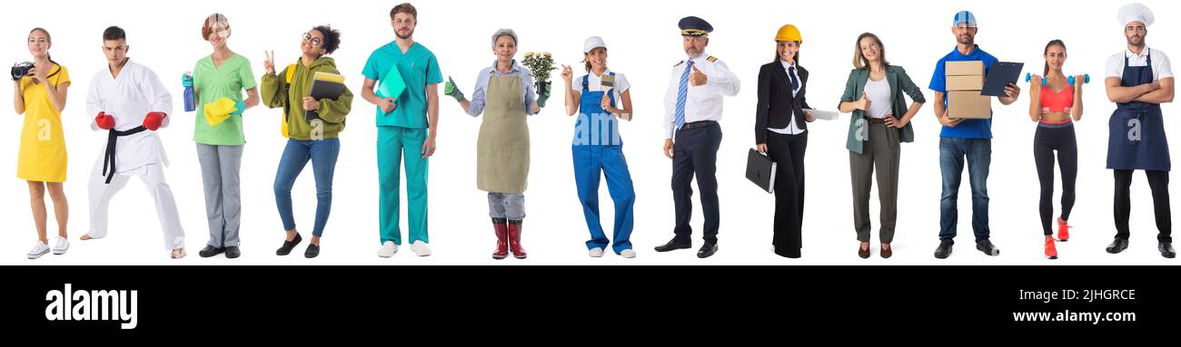 Full length portraits of group of people of diverse different ...