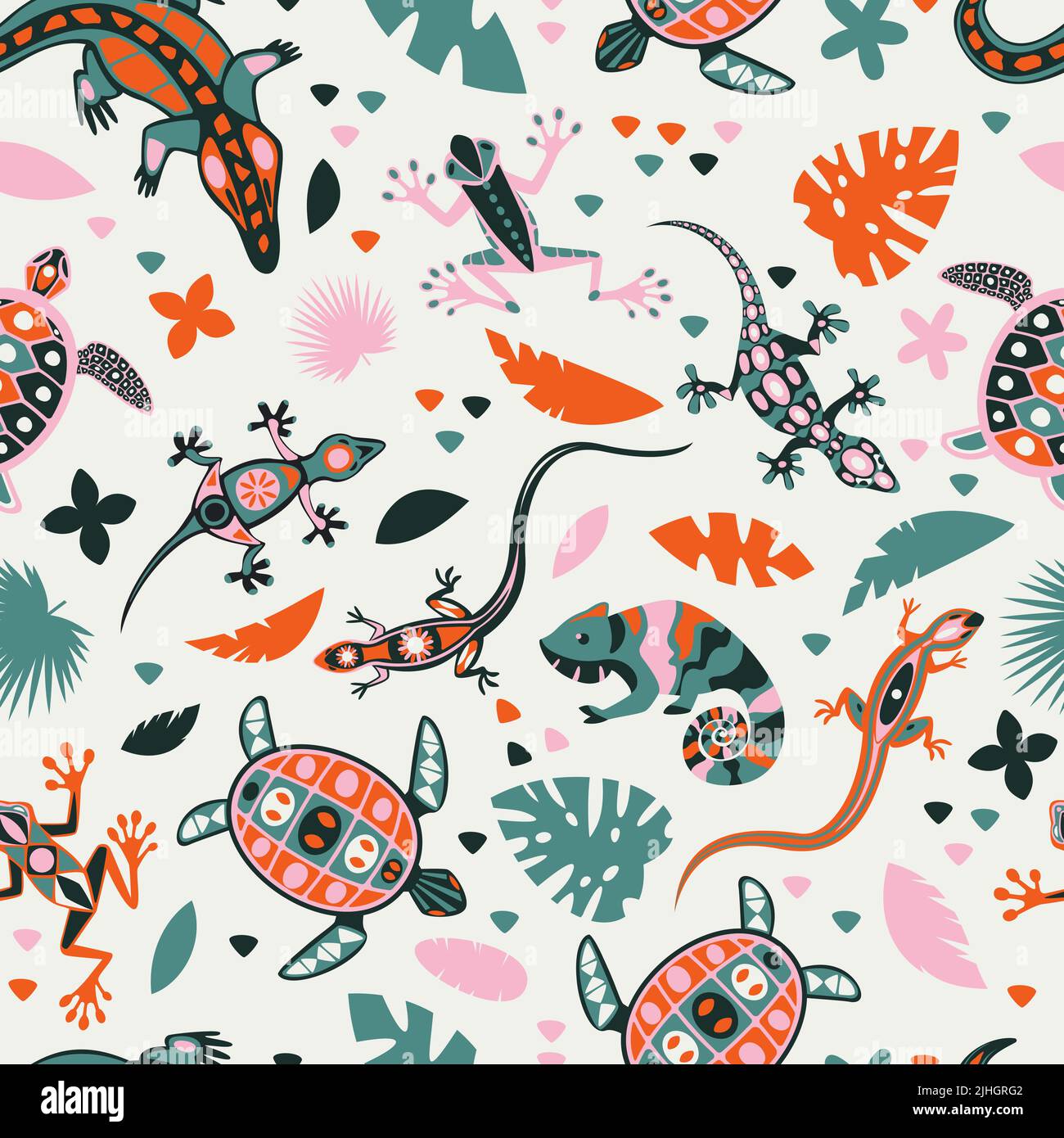Seamless pattern with reptiles and tropical leaves. Vector illustration ...