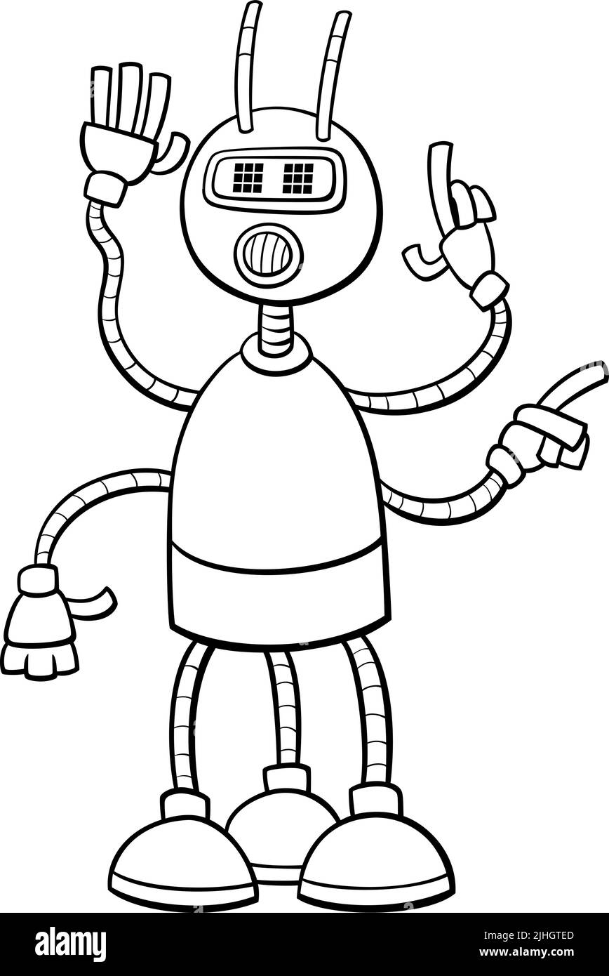 Black and white cartoon illustration of robot or droid comic fantasy ...