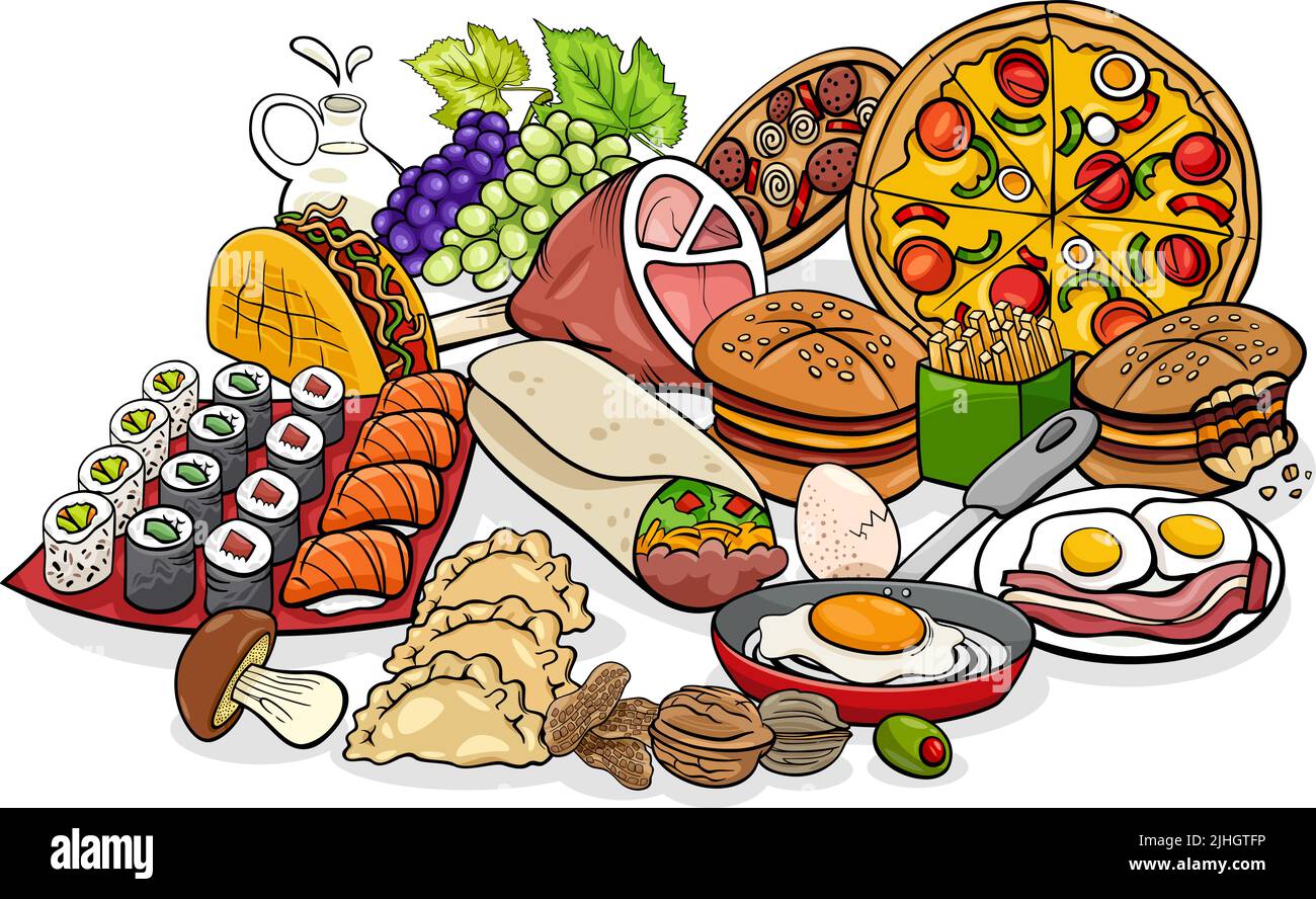 Cartoon illustration of food dishes and objects group Stock Vector ...