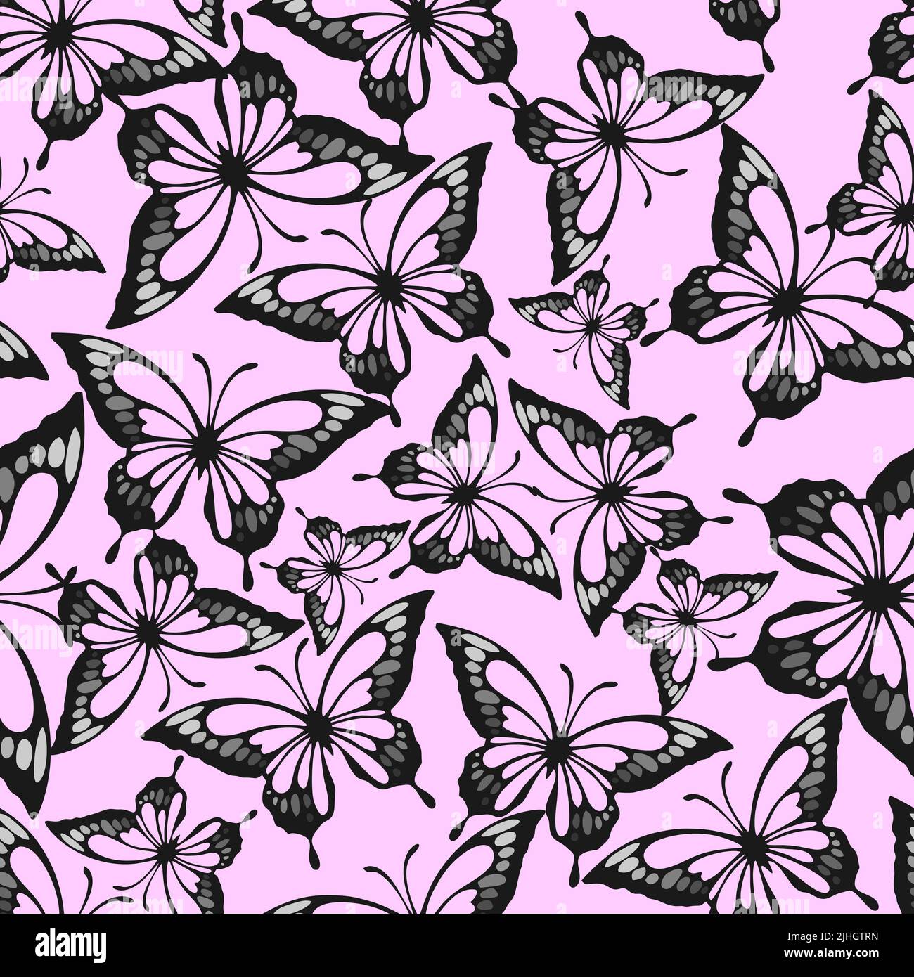 seamless repeating pattern of black and gray butterflies on a pink ...