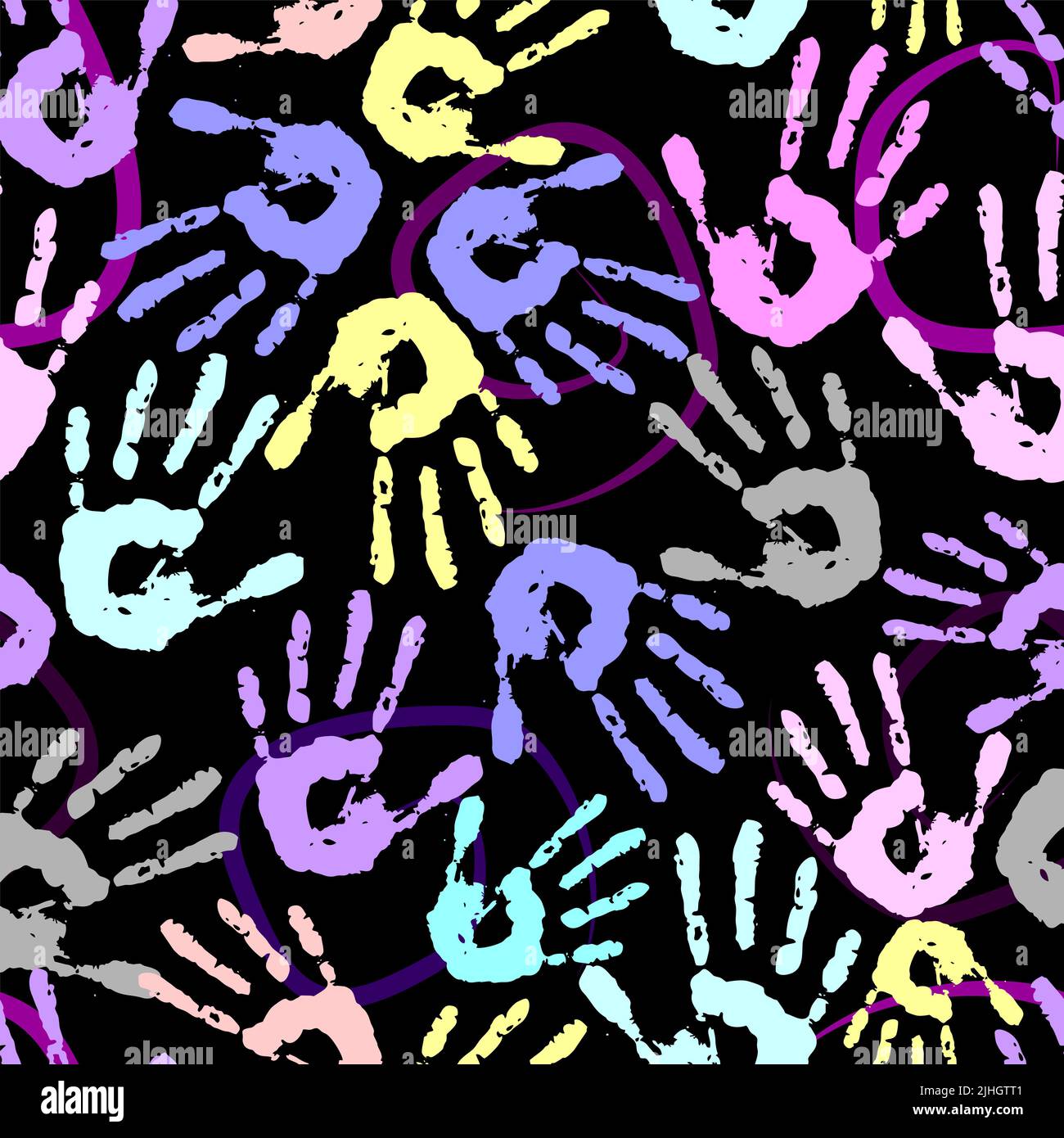 seamless pattern of colored handprints on a black background ...