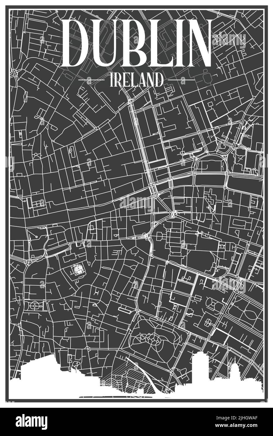 Hand-drawn panoramic city skyline poster with downtown streets network ...