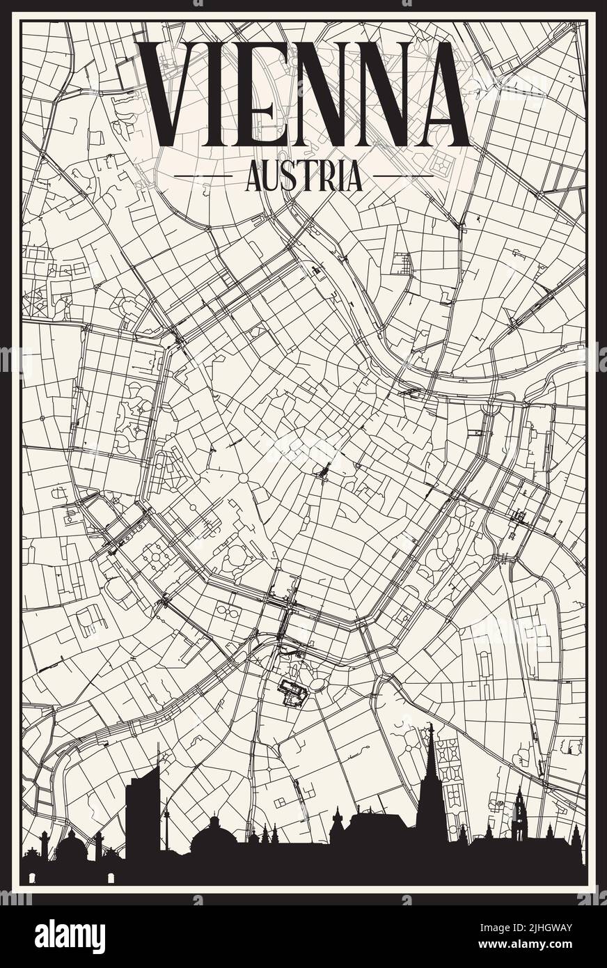 Hand-drawn panoramic city skyline poster with downtown streets network ...