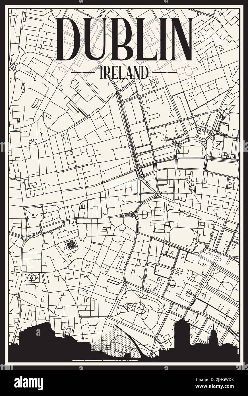 Hand-drawn panoramic city skyline poster with downtown streets network ...