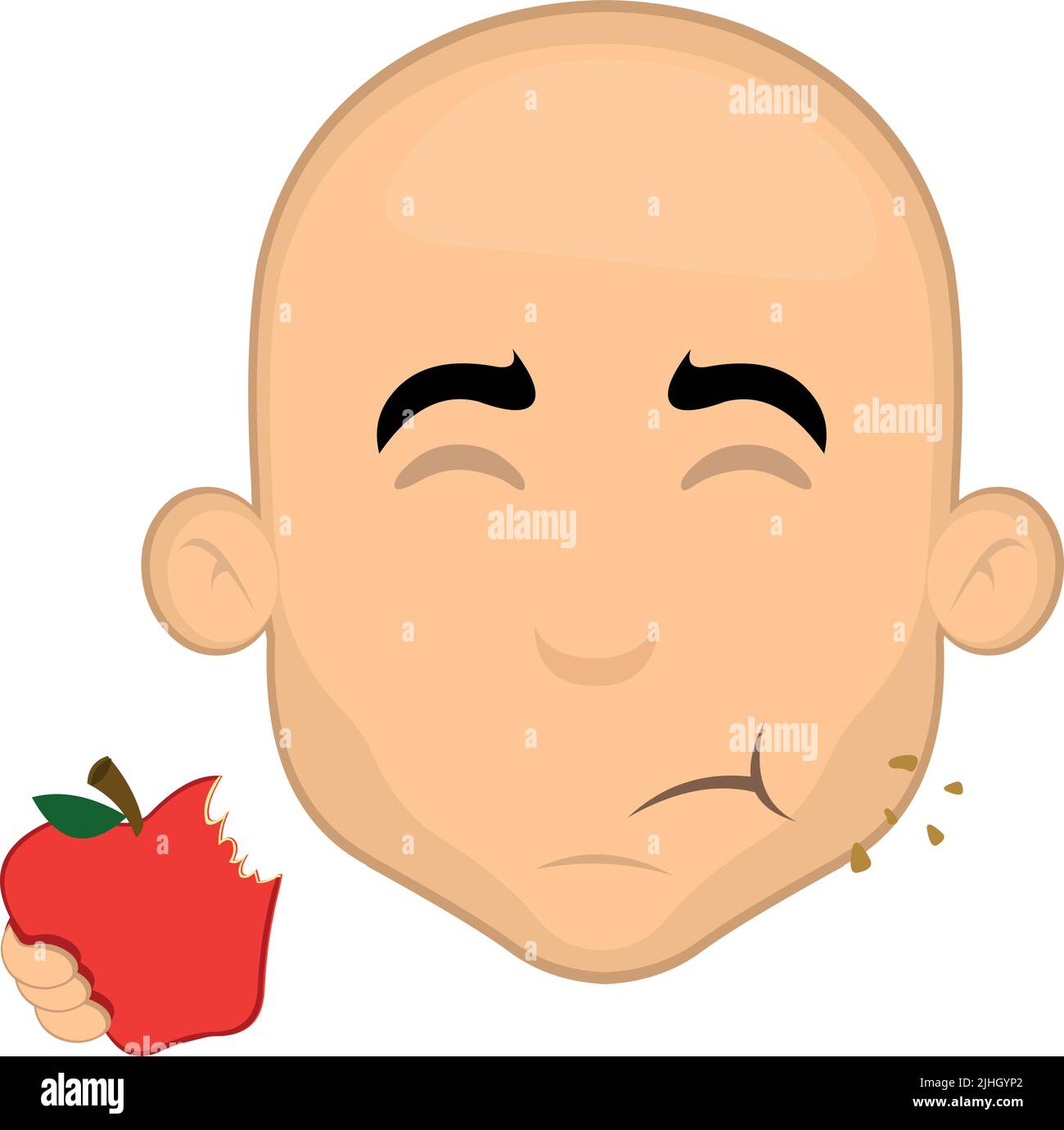 Vector illustration of the face of a cartoon bald man eating an apple ...