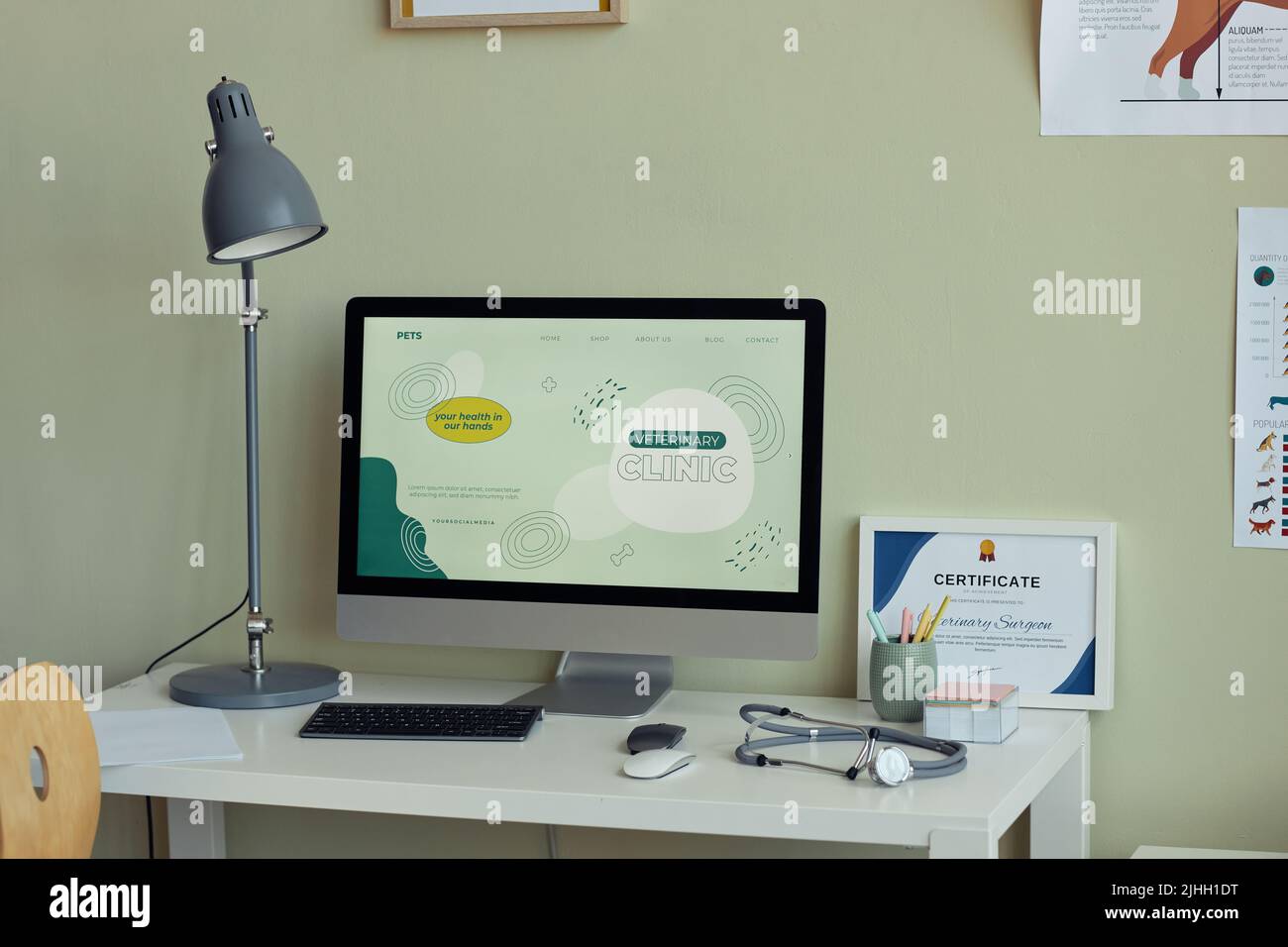 Background image of workplace with computer and certificates in modern ...