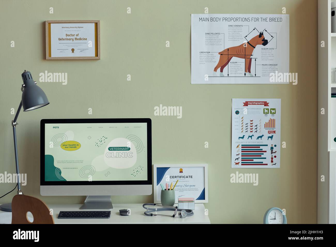 Background image of vet clinic interior, focus on workplace desk with ...