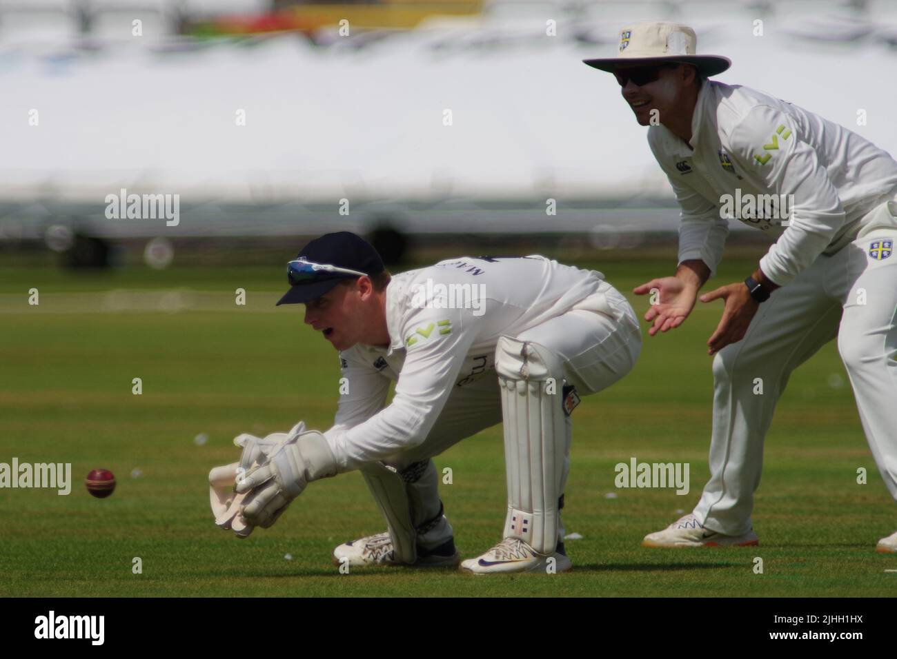 Chester le Street, England, 11 July 2022. Tom MacKintosh keeping wicket ...
