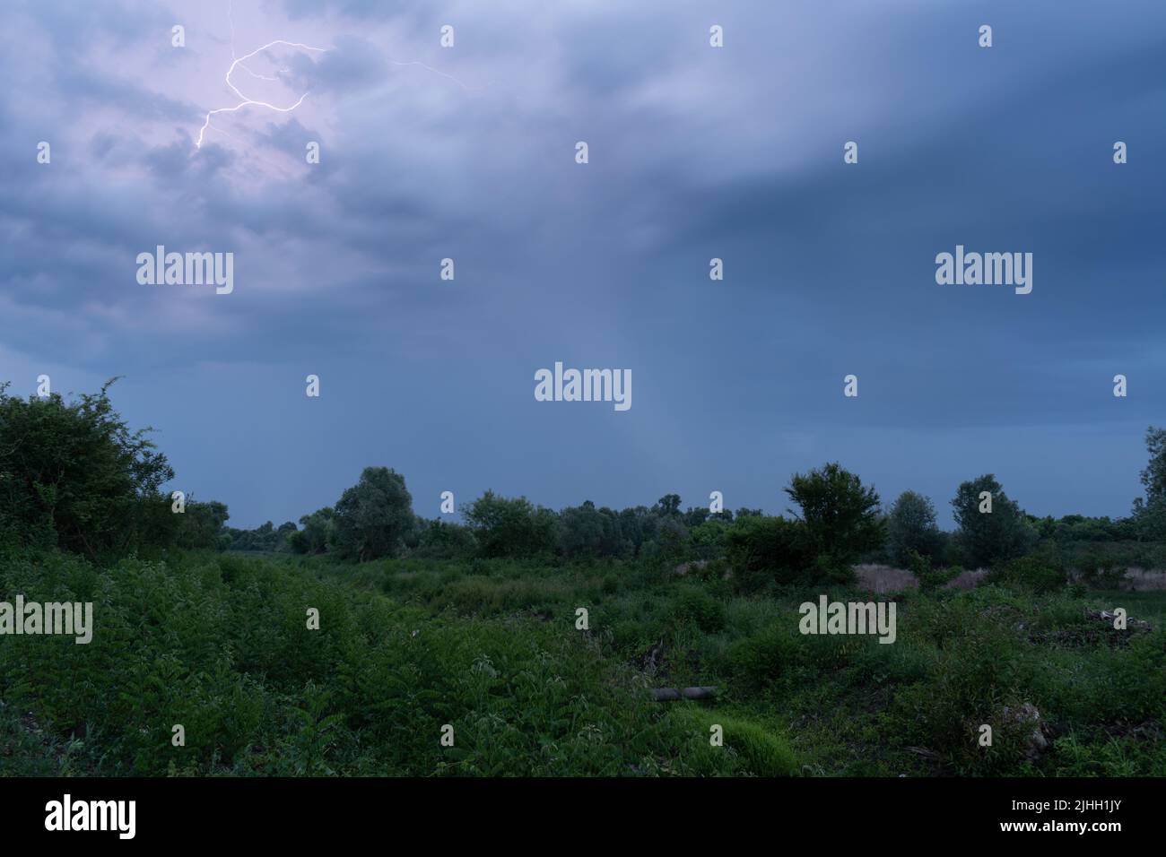 Summer storm with rain and lightning above channel overgrown with grass ...