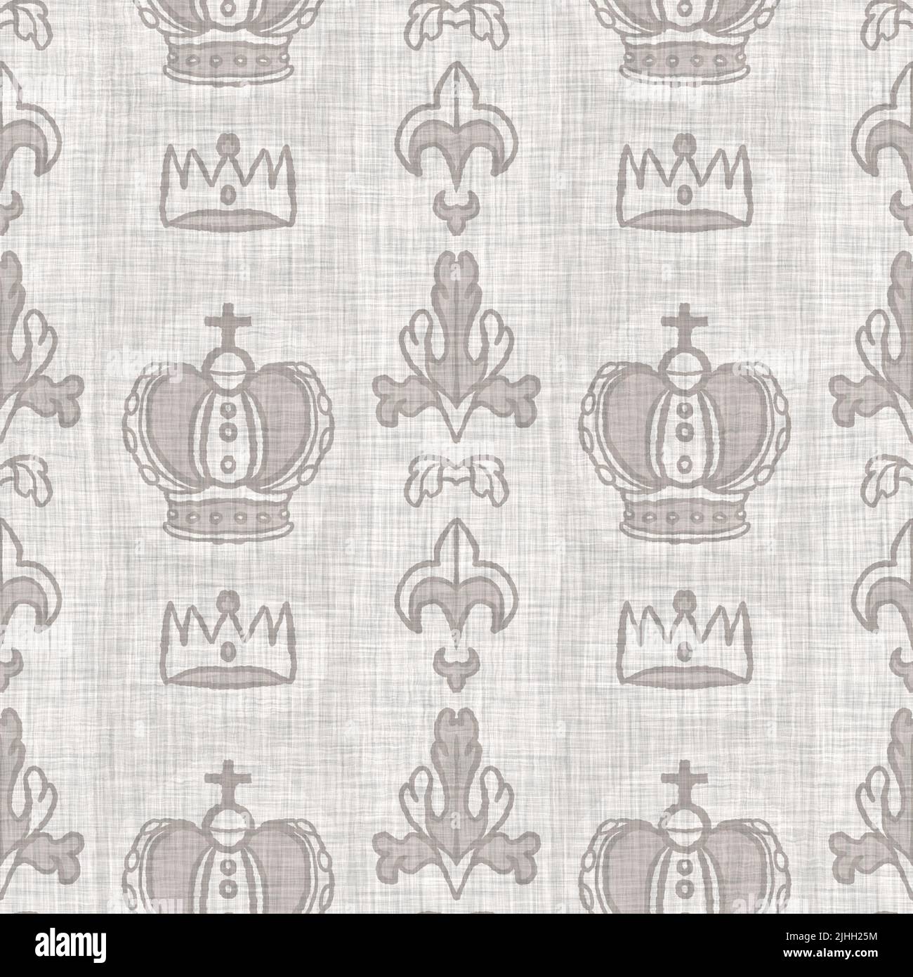 French grey crown motif seamless pattern. Tonal country cottage style ...