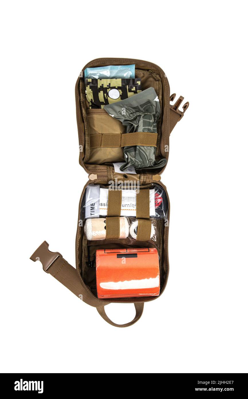 Modern military field first aid kit. A soft zippered bag with a medical ...
