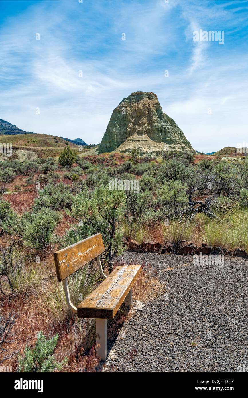 A bench overlooks a claystone formation at the Sheep Rock Unit of the ...