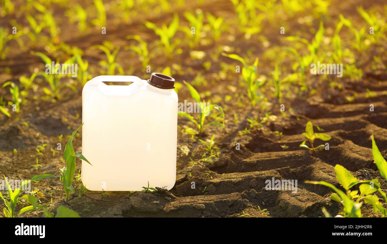 Blank white herbicide canister can in corn seedling field in springtime ...