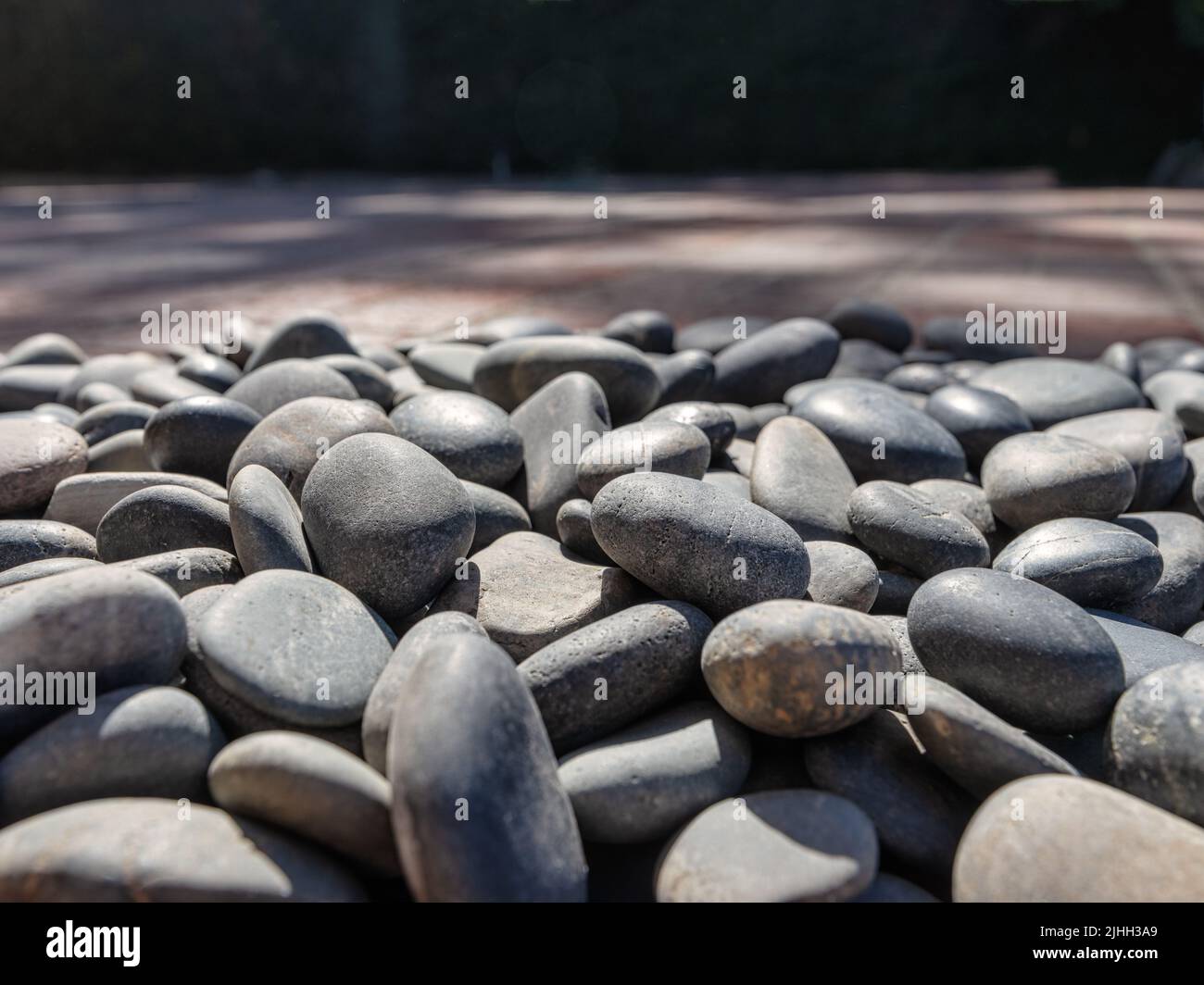 Close-up low-angle view across river stones to mottled shadows in the ...