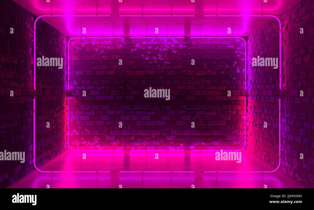 Brick wall, background, neon light. Neon room. 3d illustration Stock ...