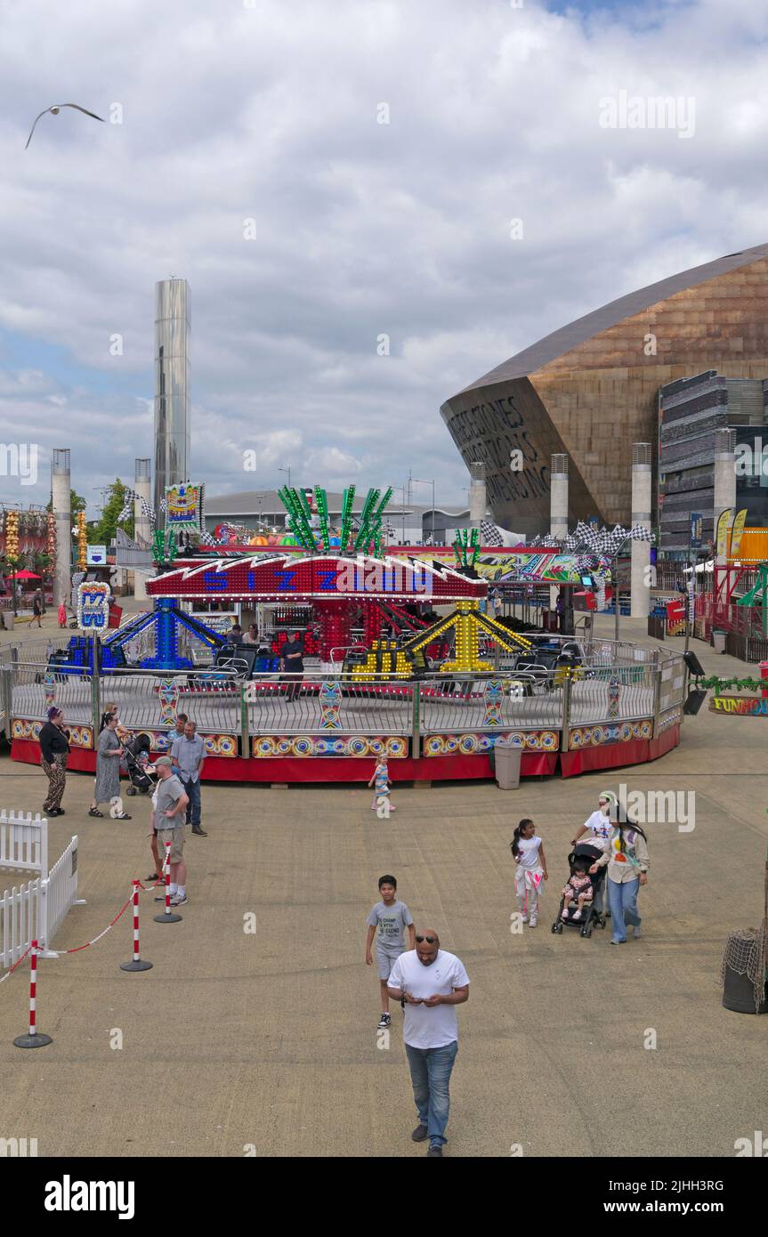 Sizzler fairground ride, Cardiff Bay summer fun. Summer 2022. July ...