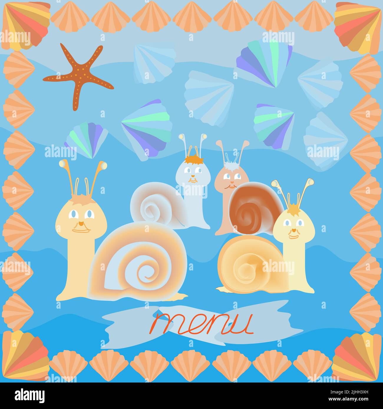 a postcard made of colorful snails and shells for the design of the ...