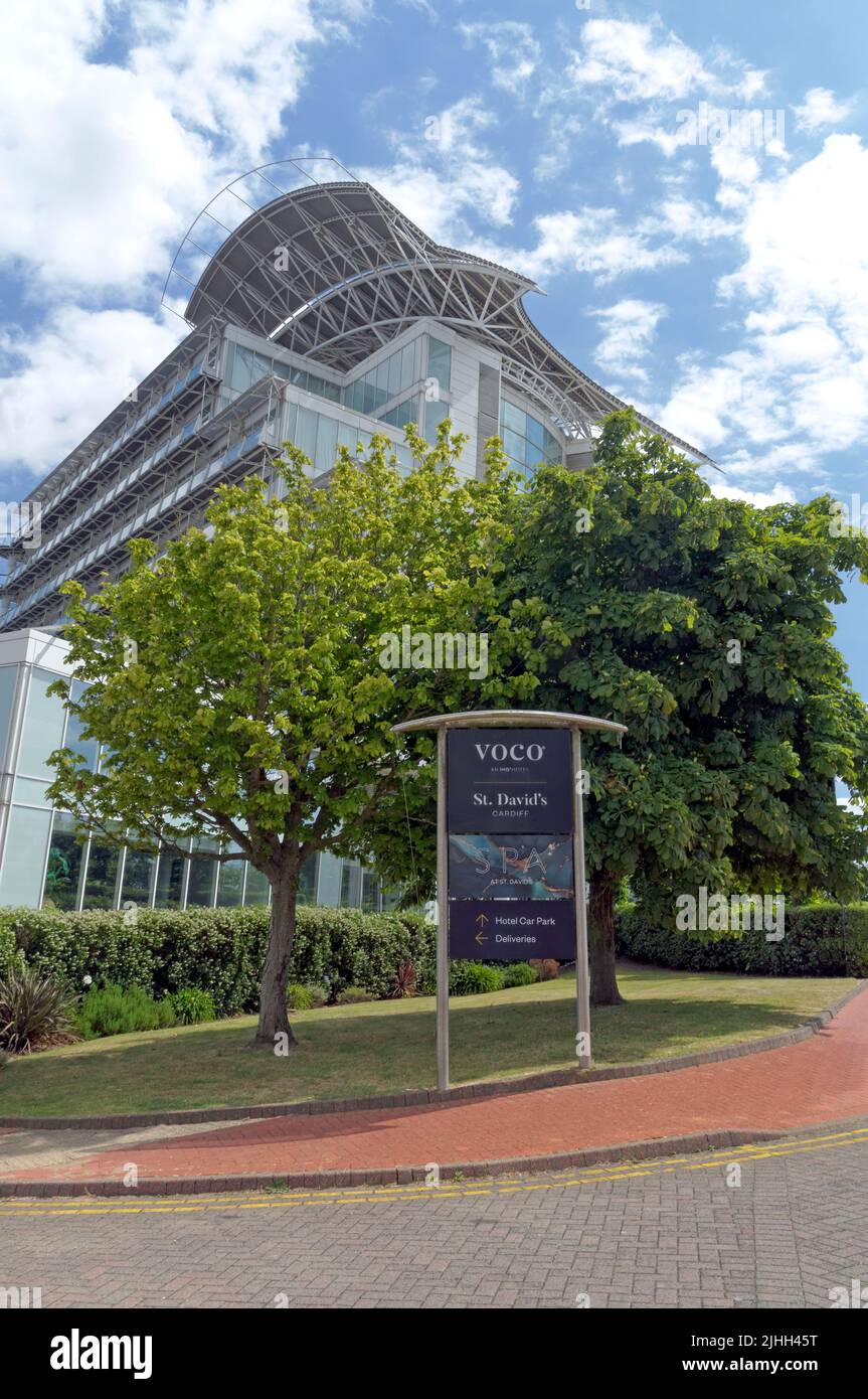 St David's (Voco) Hotel, Cardiff Bay,. with signage. Blue sky and ...