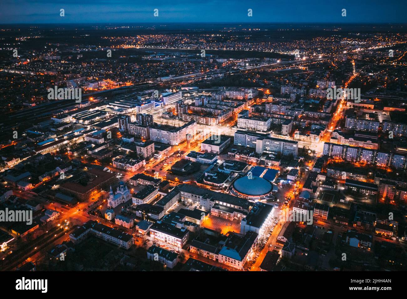 Brest, Belarus. Night Aerial Bird's-eye View Of Brest Cityscape Skyline ...