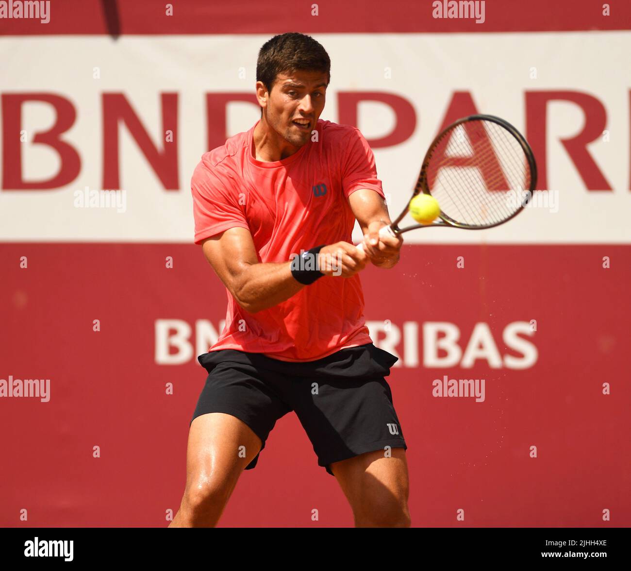 Brazilian tennis player Joao Menezes in his game versus Luca Van Assche ...