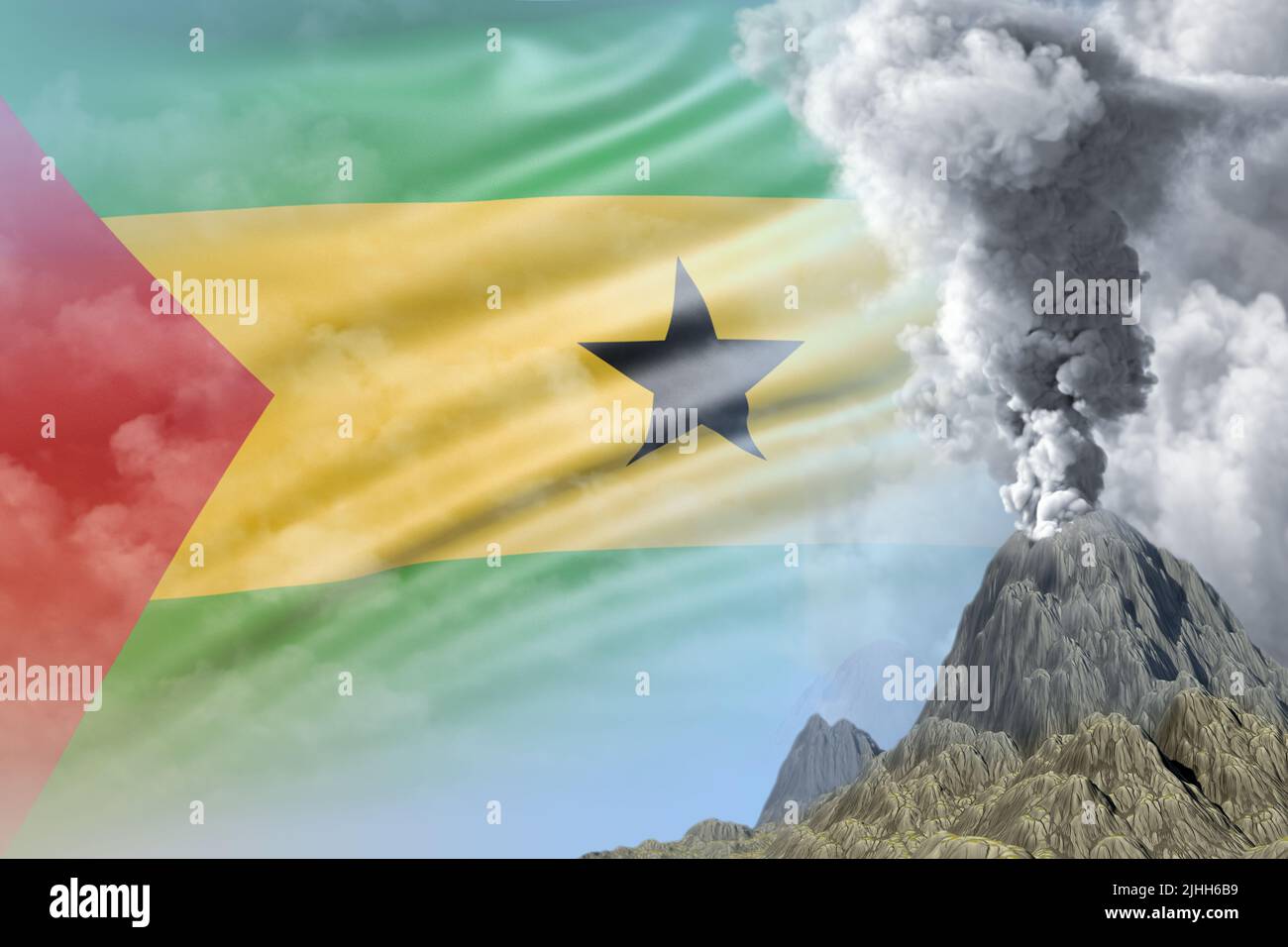 high volcano blast eruption at day time with white smoke on Sao Tome ...