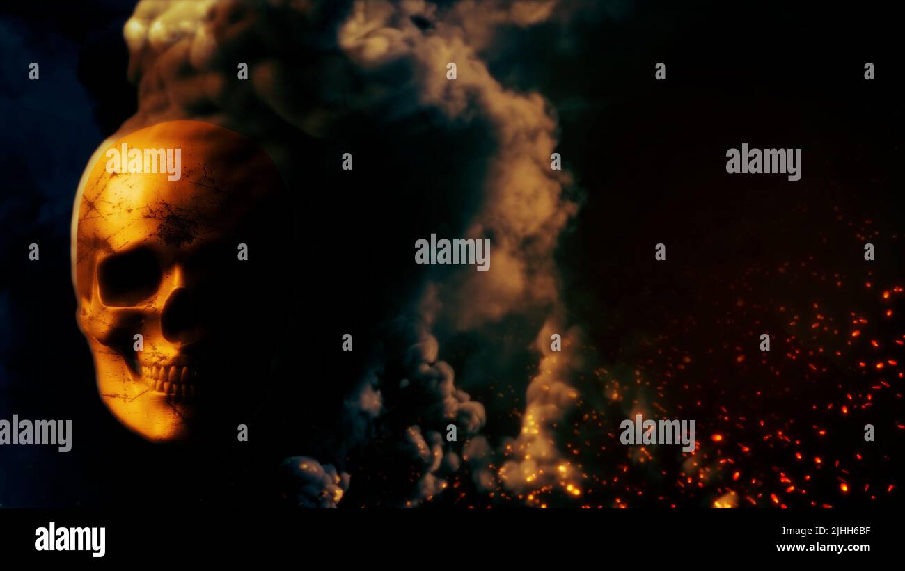 Burning orange skull with fire flames backdrop with empty space - war ...