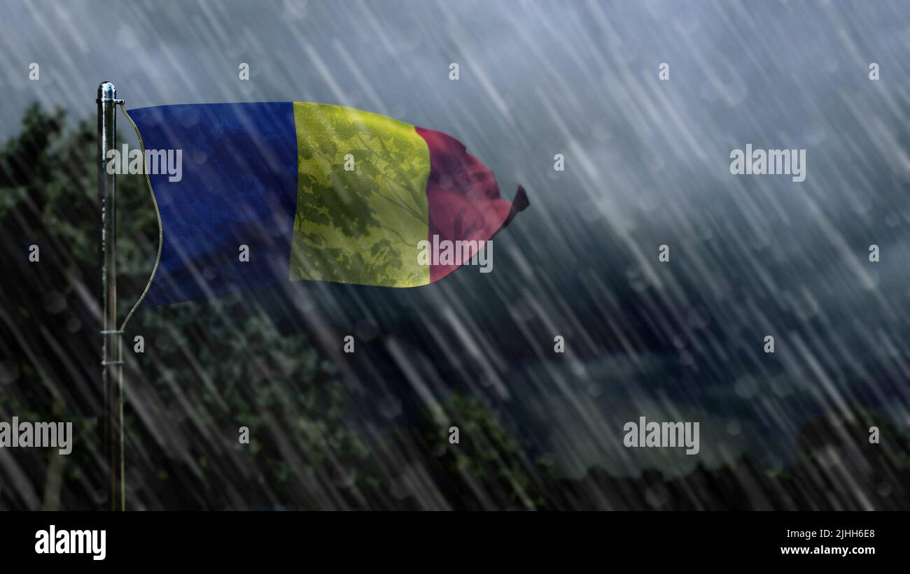 flag of Chad with rain and dark clouds, storm forecast symbol - nature ...