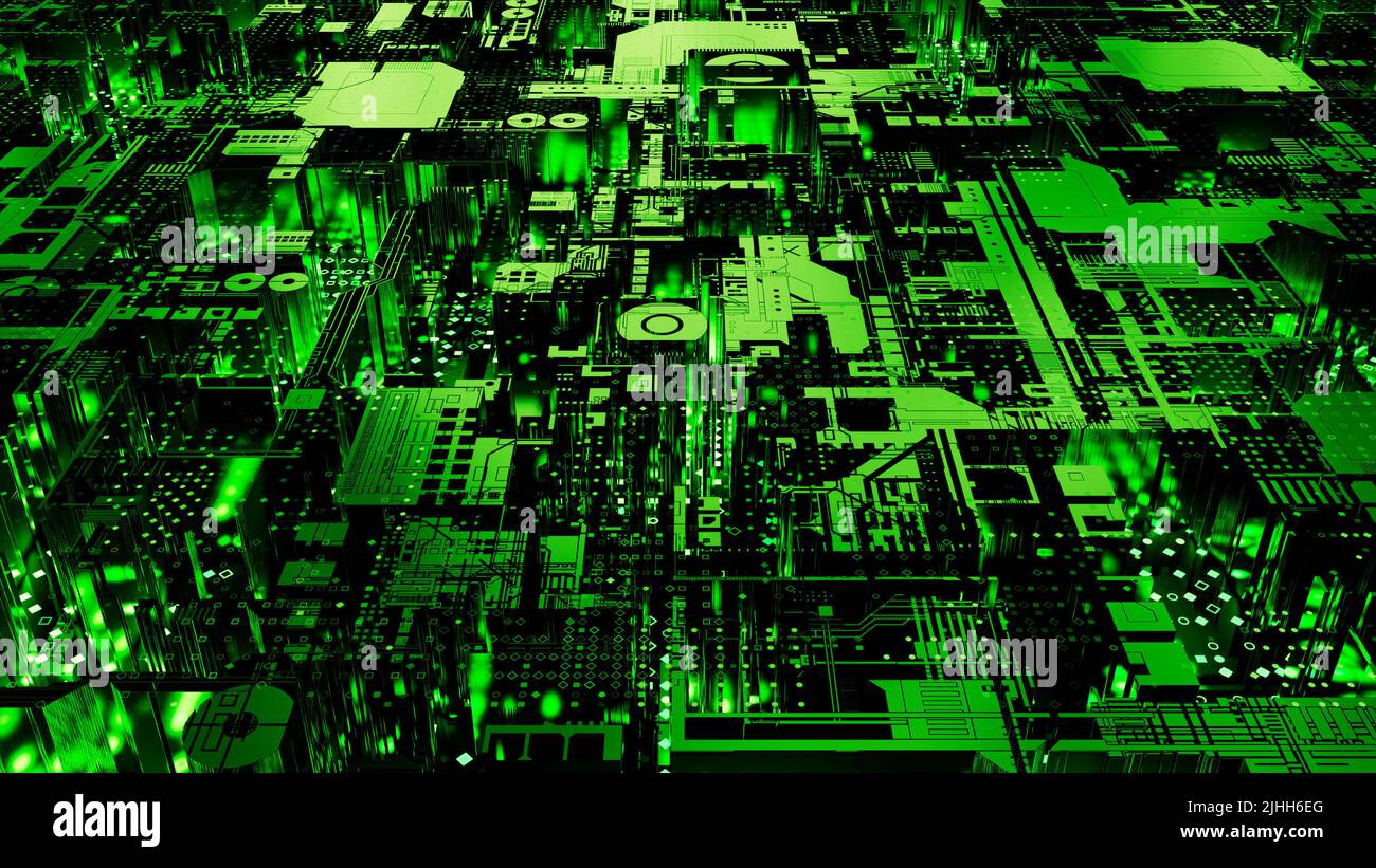Green glowing technologic modern cyber punk background - abstract 3D ...