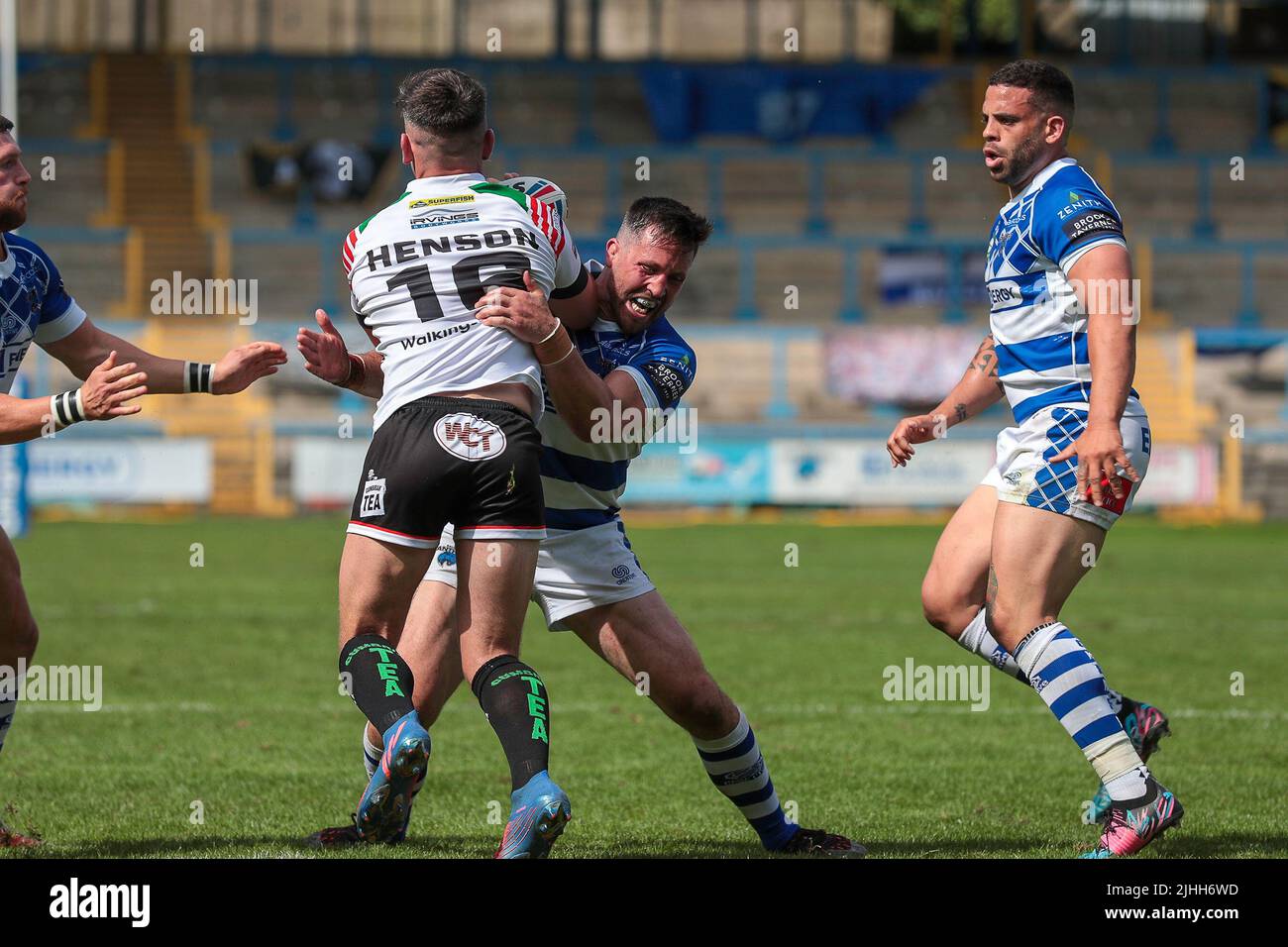 Halifax, UK. 17th July, 2022. *** Matt Garside tackles a Workington ...