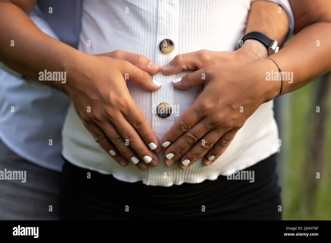 Couple holding their hands over the Mothers Belly expecting a Baby ...