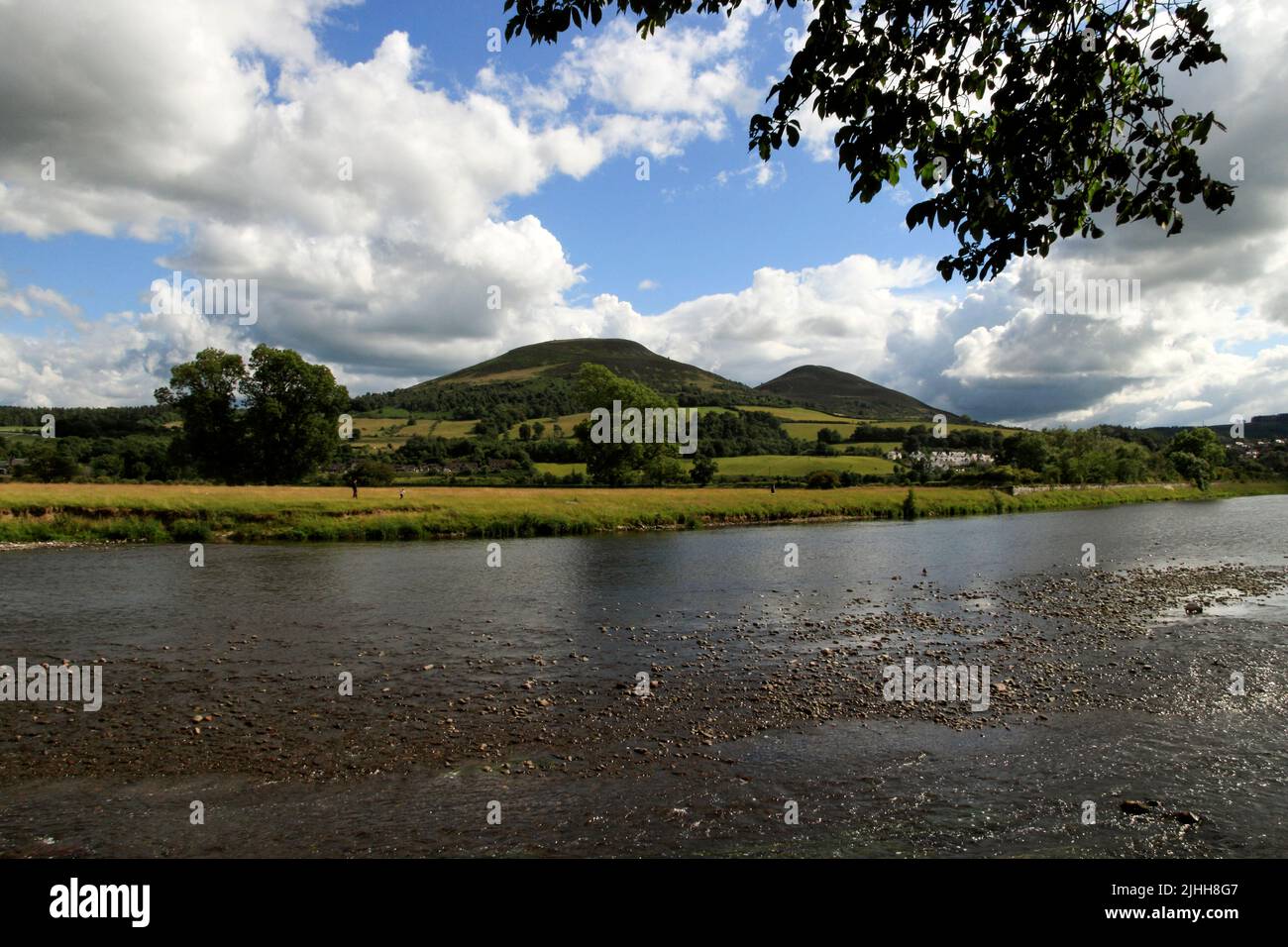 Scottish river, River Tweed with the Eildon Hills in the background ...