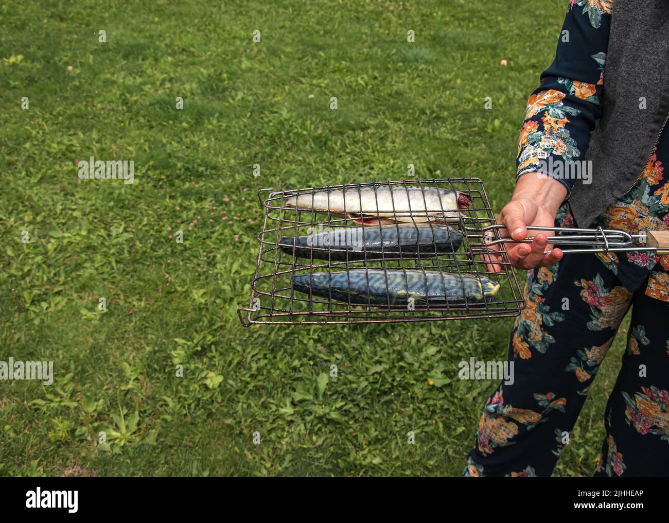 The process of cooking mackerel fish in a marinade on the grill. The ...