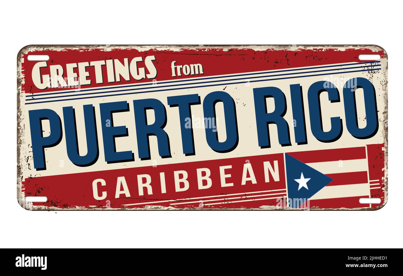 Greetings from Puerto Rico vintage rusty metal plate on a white ...