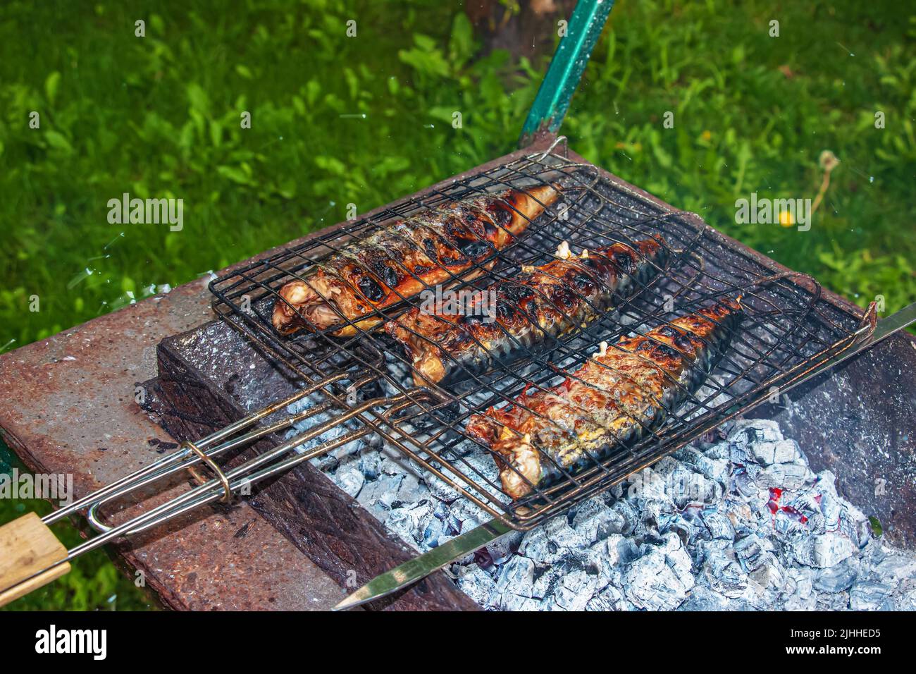 The process of cooking mackerel fish in a marinade on the grill. The ...