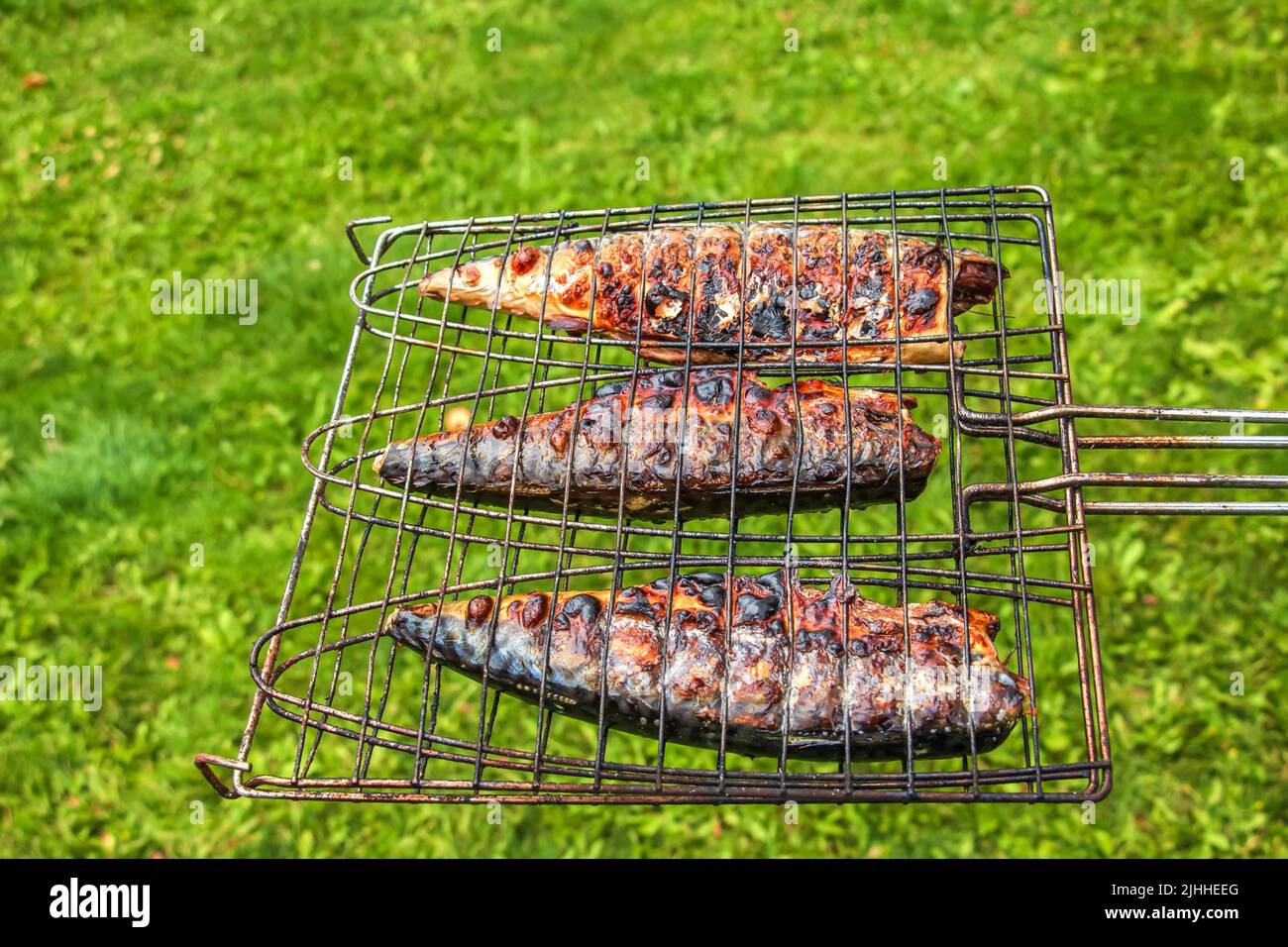 The process of cooking mackerel fish in a marinade on the grill. Fried ...