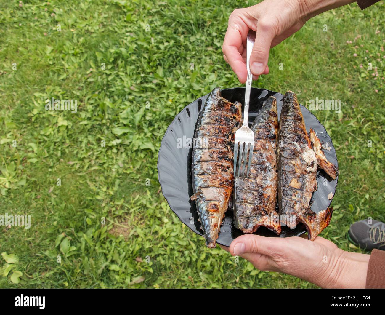 The process of cooking mackerel fish in a marinade on the grill. Fried ...