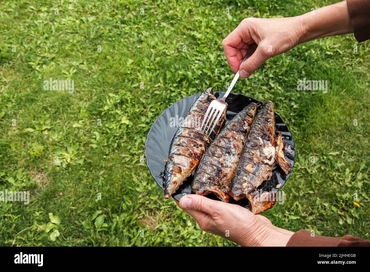 The process of cooking mackerel fish in a marinade on the grill. Fried ...