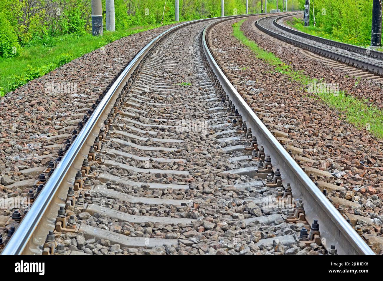 long distance railway transportation, right turn railroad track with ...