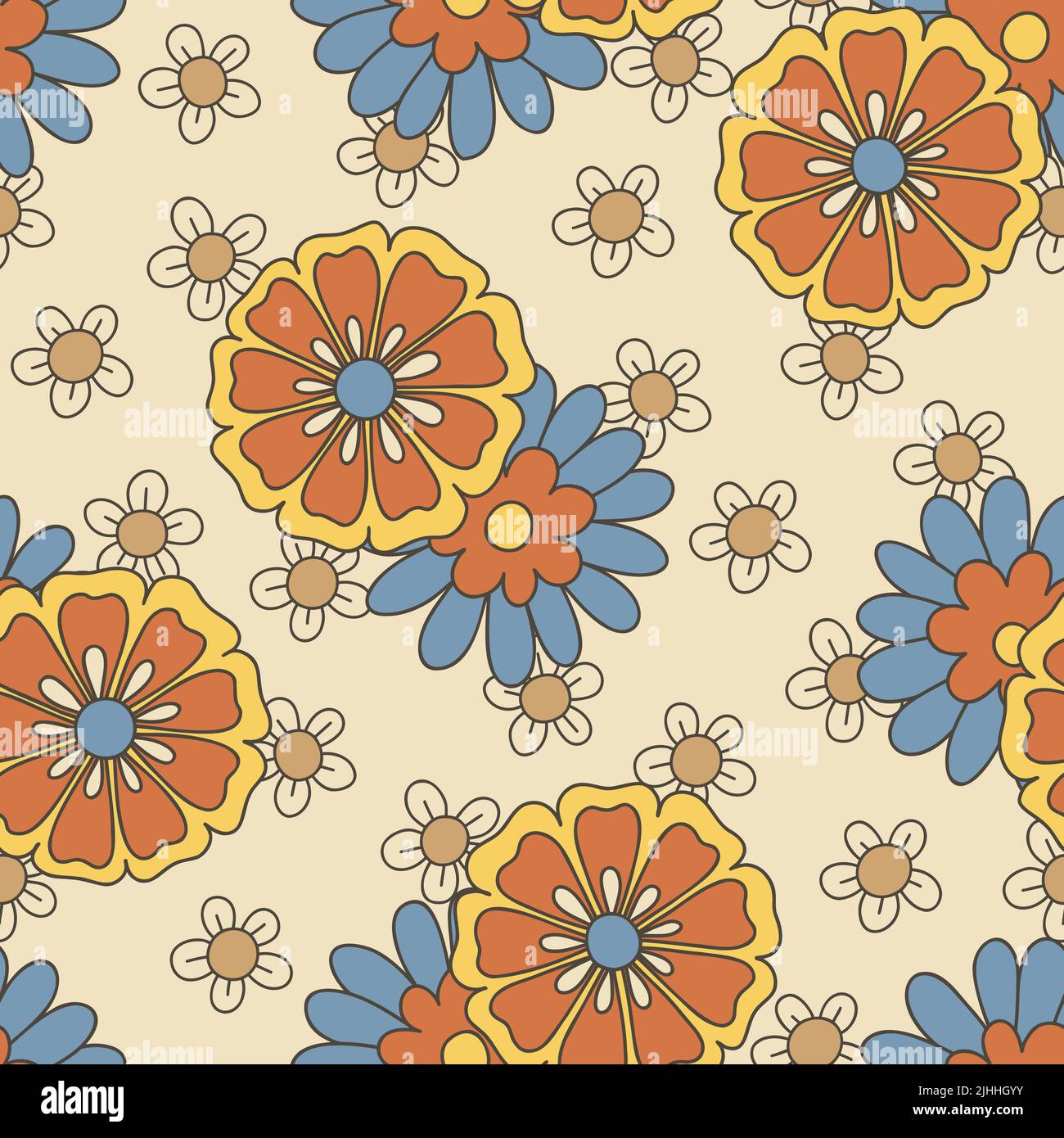 Colorful Large Scale Hand-Drawn Floral Vector Seamless Pattern. Retro ...
