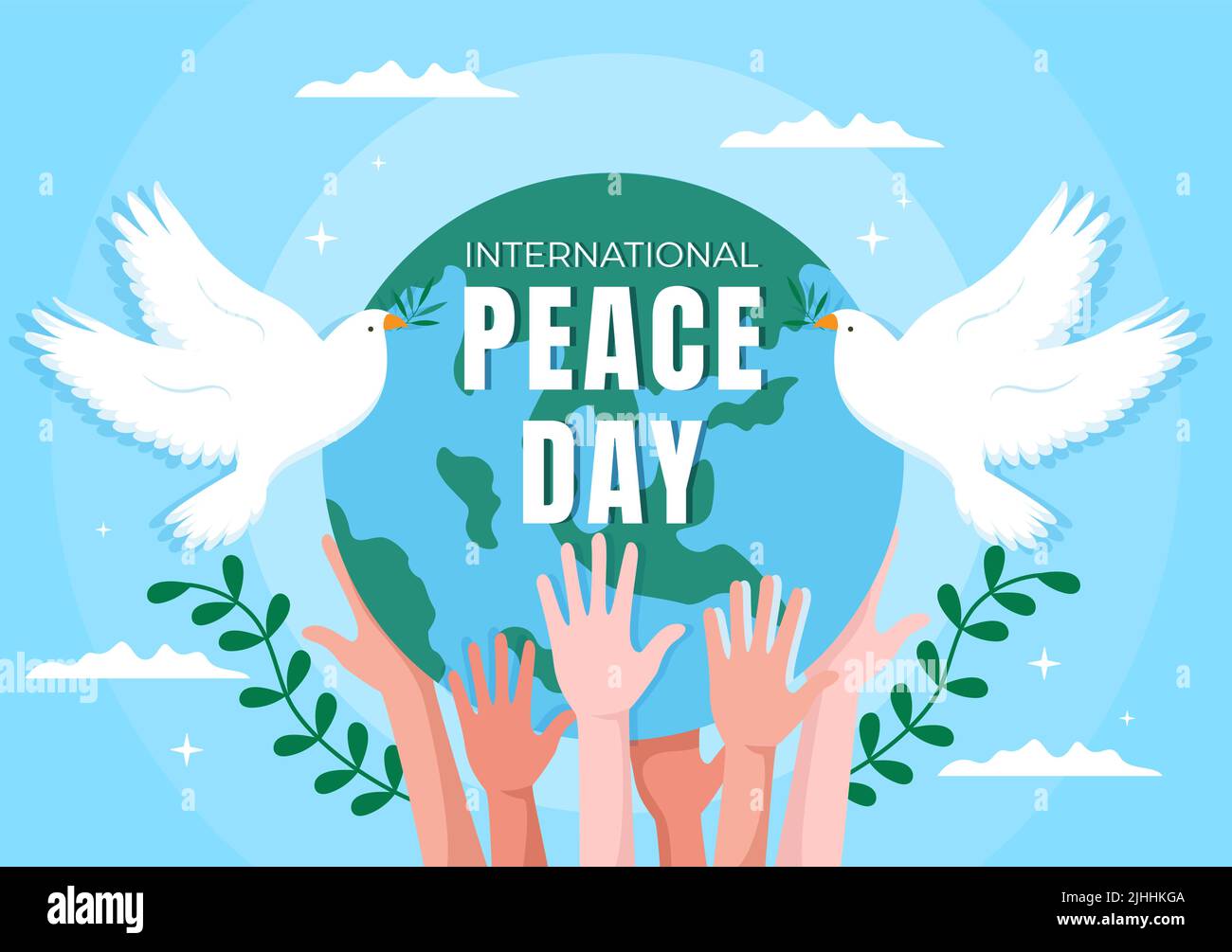 International Peace Day Cartoon Illustration with Hands, Pigeon, Globe ...