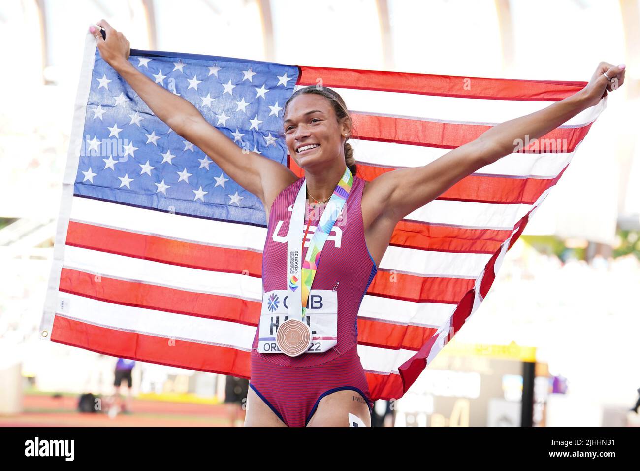USA’s Anna Hall celebrates winning the Women’s 800m Heptathlon on day ...