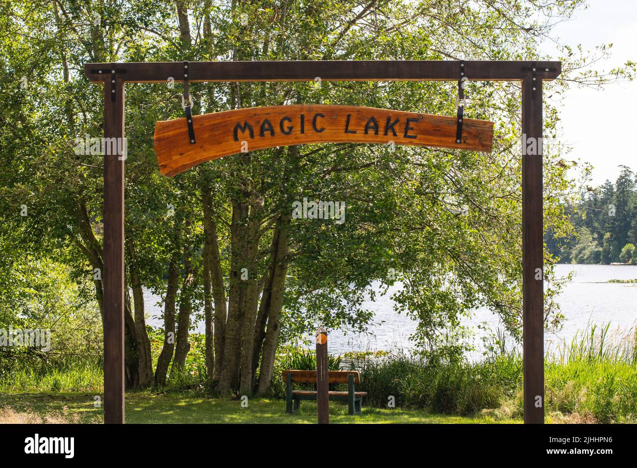 Magic Lake sign, North Pender Island, British Columbia, Canada Stock ...