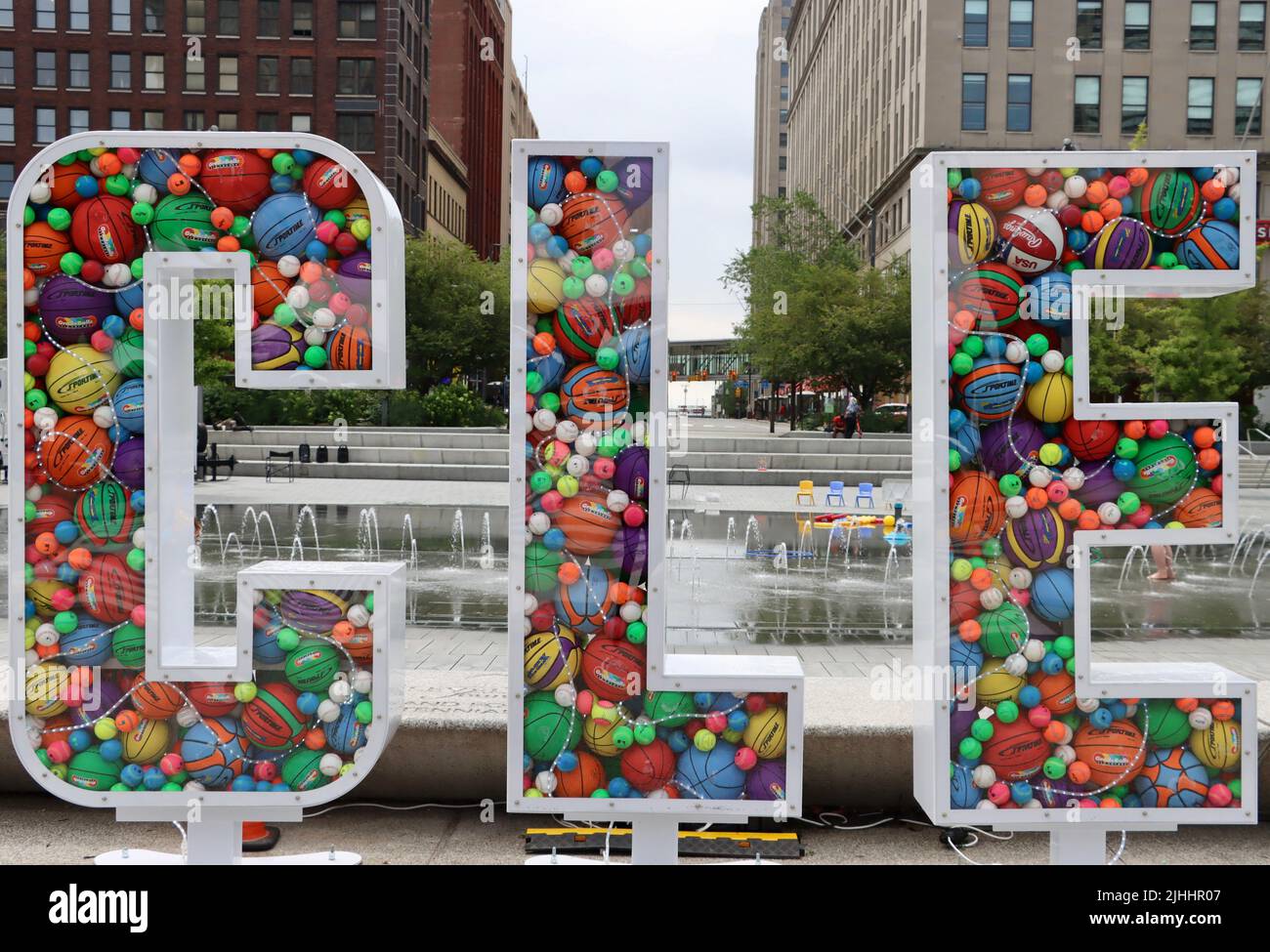 CLE sign with balls in the center of the city of Cleveland, June 2022 ...