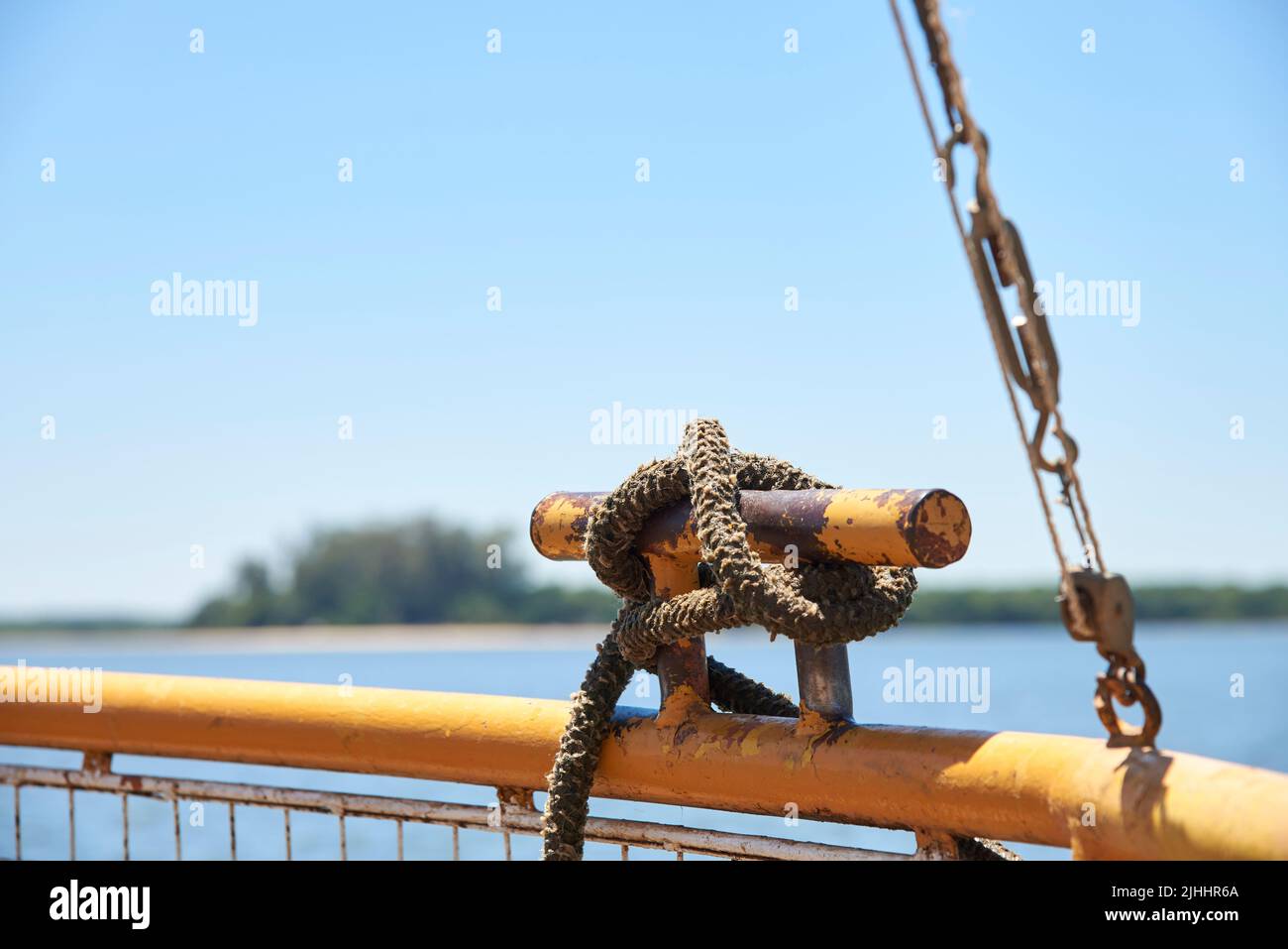 Nautical mooring rope knotted on a boat sailing on the Uruguay River ...