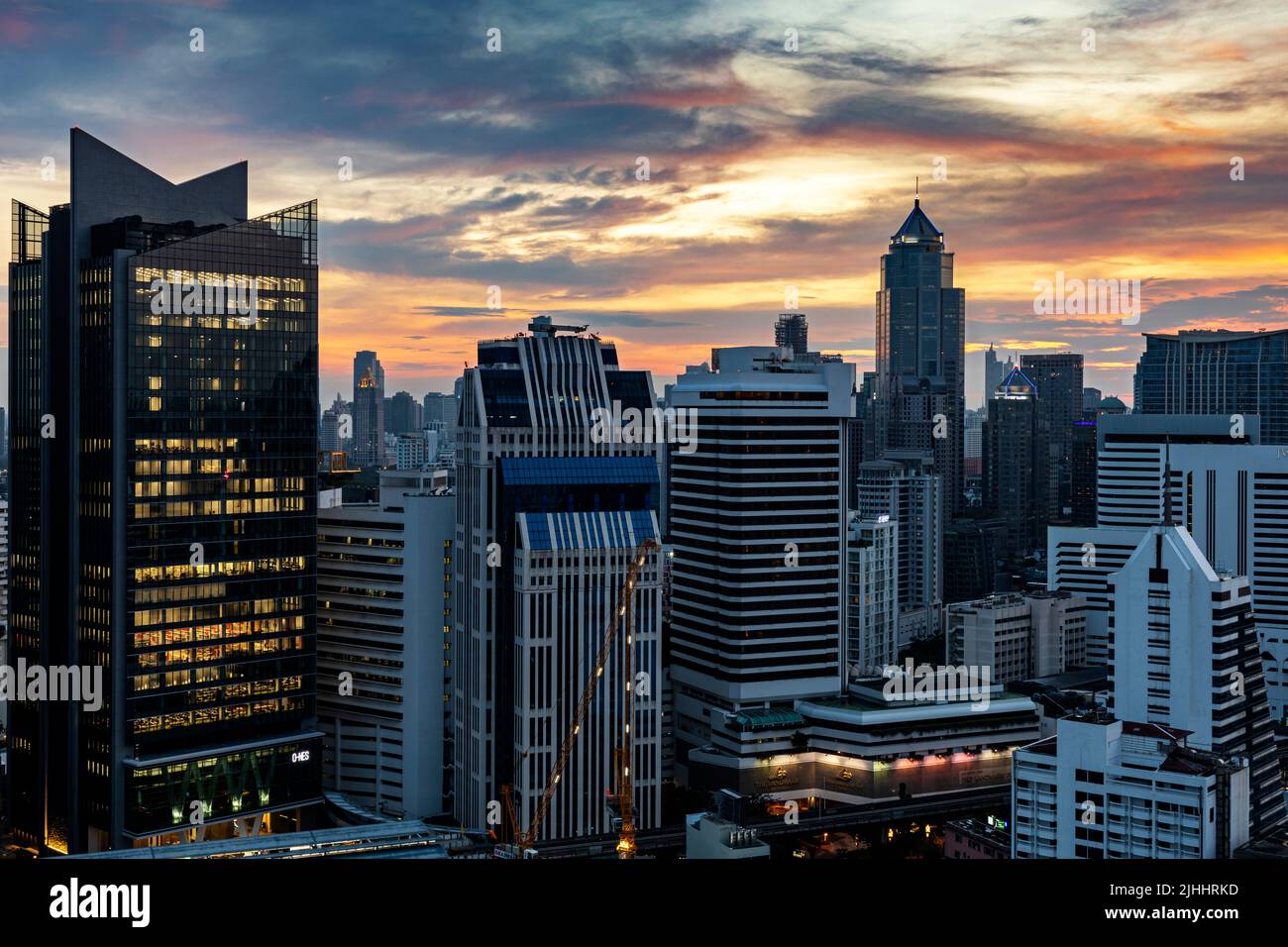 Bangkok skyscrapers skyline at sunset, lower Sukhumvit, Thailand Stock ...