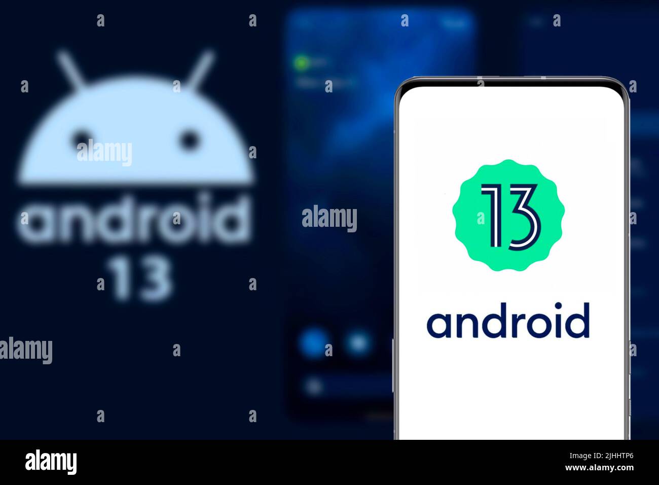 Smart phone with android 13 logo. google operating system. United ...