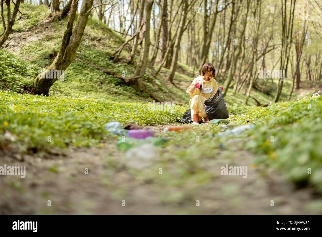 Woman collecting scattered plastic garbage in the woods Stock Photo - Alamy